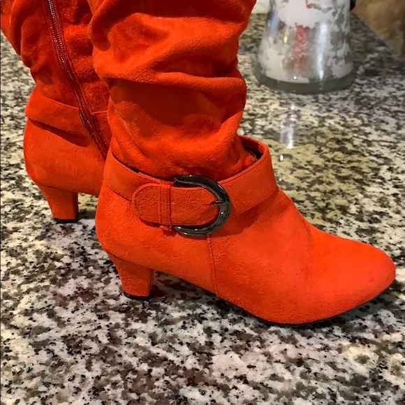 Shoes | Red Suede Slouch Heeled Boots | Poshmark
